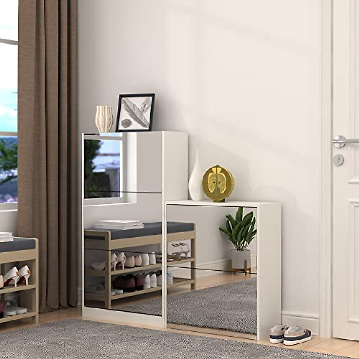 GLS Floor Standing Full Length Mirror Shoe Cabinet,5 Tier Closet Shoe Organizers for Living Room,White