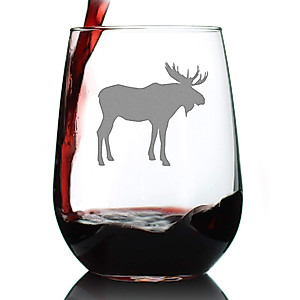 Moose Silhouette - Stemless Wine Glass - Cabin Themed Gifts or Rustic Decor - Large 17 Ounce