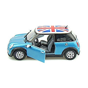KiNSMART Mini Cooper S 5" 1:28 Scale Die Cast Metal Model Toy Car British Flag Blue w/Pullback Action