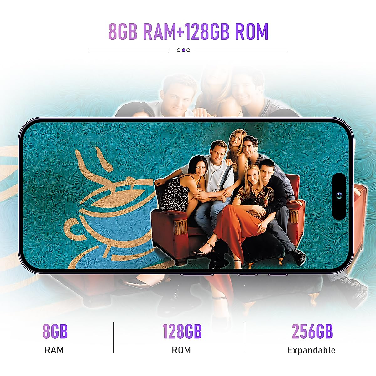 Deeptick Unlocked Cell Phones 2023 Android 13 Smartphone with Dynamic Island 8GB+128GB 8-Core Mobile Phones 50MP+8MP Camera 6.54" HD Screen Long Battery Life Phone with 4G Dual SIM(Pueple)