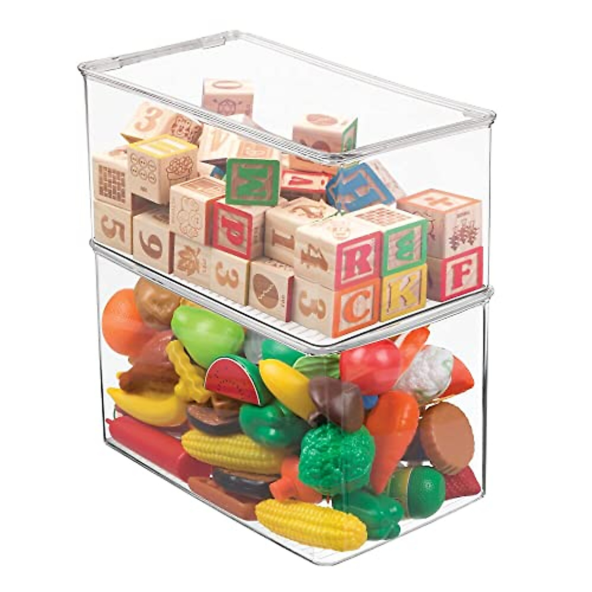 mDesign Plastic Stackable Toy Storage Bin Container Box, Hinge Lid for Organizing Living Room, Play Room, Bedroom, Nursery, Hold Blocks, Puzzles, Books, Lumiere Collection, Clear