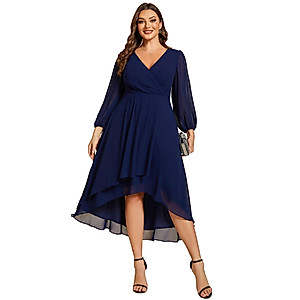 Ever-Pretty Women's A Line Pleated V Neck Midi Plus Size Wedding Guest Dresses for Curvy Women Navy Blue US26