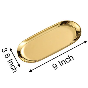 1 Pcs Gold Trinket Tray Oval Stainless Steel Small Serving Trays Towel Storage Dish Plate Tea Fruit Trays Jewelry Plate Decorative Storage Tray (Gold 1pcs, 9 x 3.8 Inch)