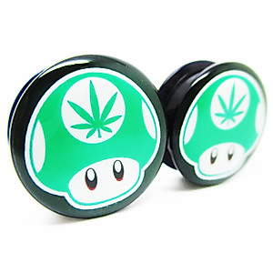 Pierced Republic Green 1-Up Mushroom Pot Leaf Ear Plugs - Acrylic Screw-On - 10 Sizes - *Pair* (00 Gauge (10mm))