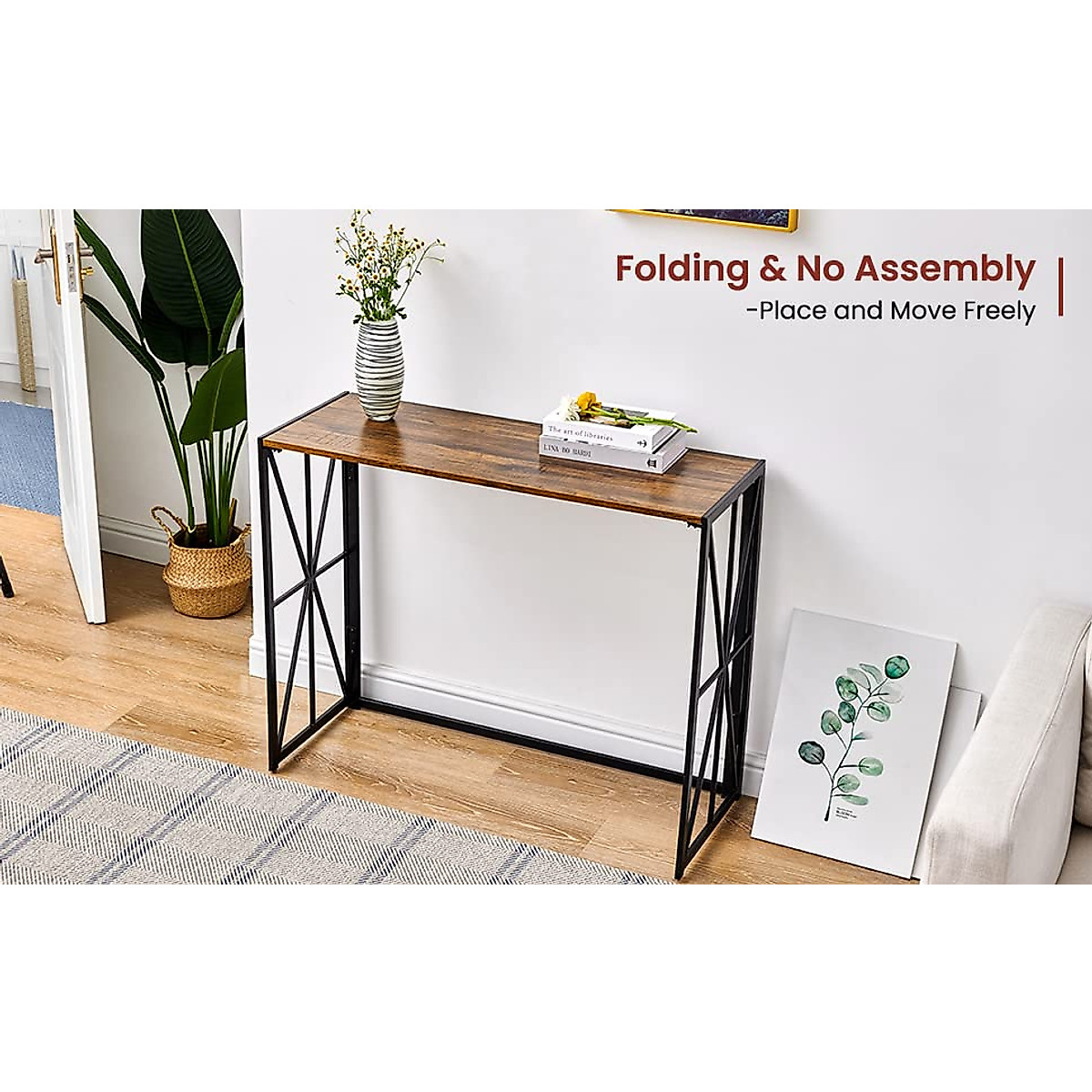 FurniturerR Computer Desk 39.4'' Folding Table Home Office Writing Desk Student Study Modern Laptop Desk Sturdy Work PC Table No Assembly Side Table Wooden Desk with Metal X-Frame, Brown