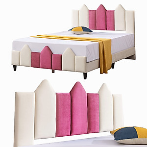 Mixoy Twin Size Kids Bed Frames,Upholstered Twin Platform Bed Frame for Children with Headboard,Toddler Bed for Girls, Teens,No Box Spring Needed, Easy Assembly(Pink/White,Twin)