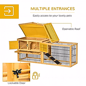 PawHut 2 Levels Outdoor Rabbit Hutch with Openable Top, 59" Wooden Large Rabbit Cage with Run Weatherproof Roof, Removable Tray, Ramp, Yellow