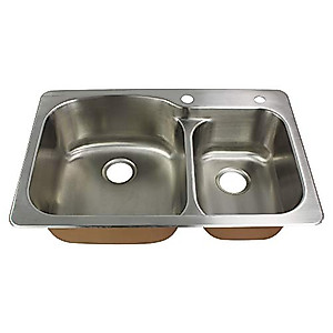 Transolid CTDD33229-2 Classic 2-Hole Drop-in 75/25 Double Bowl Kitchen Sink, 22 1/64" L X 33" W X 9" H, Brushed Stainless Steel