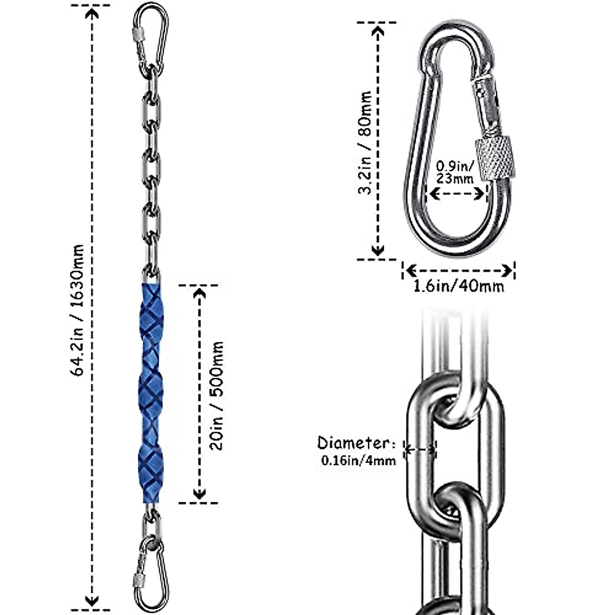 Dakzhou 64inch Stainless Steel 304 Permanent Rust Chain (2)+ 4 Free Quick Links, 1000LB Load Bearing, for Swing, Yoga, Hammock, sandbag Suspension.