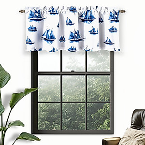 DriftAway Harbor Sailboat Ocean Print Blackout Thermal Insulated Window Curtain Valance Rod Pocket 52 Inch by 18 Inch Plus 2 Inch Header Navy