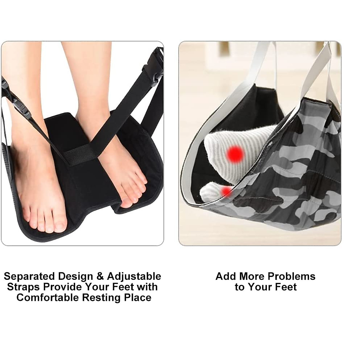 supregear Airplane Footrest Foot Hammock, Adjustable and Portable Separated Foot Hammock Under Desk for Flight Office Home Comfortable Travel Accessory Women Men, Reduce Swelling and Soreness, Black