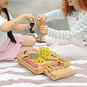 Cheese Board Set,YFWOOD 13 inch Bamboo Charcuterie Boards and Knife Set,Cheese Plate Includes Additional Round Fruit Serving Plate,Meat and Cheese Tray for Housewarming Gift Wedding Gifts