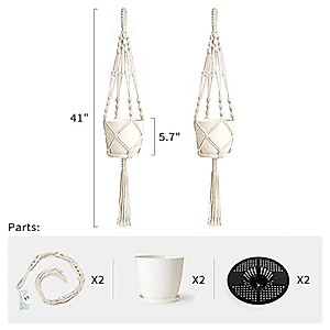 Mkono Macrame Plant Hangers with Pots Indoor Set of 2 Hanging Planters Holder 6.5 Inch Plastic Planter Included Self Watering Hanging Pots for Plants with Saucers & Perforated Insert, 41 Inch