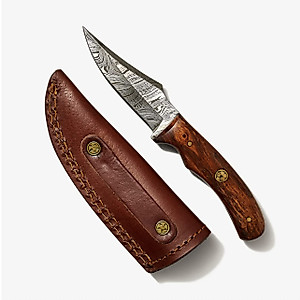 Titan International Knives Damascus Hunting and Skinner Knife | Handmade 1095 4340 Carbon Mix Hand Pounded | Rosewood Handle Fixed Blade Perfect for Hunting and Outdoor Camping with Leather Sheath