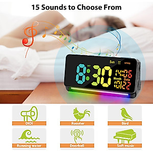 120db Super Loud Alarm Clocks for Heavy Sleepers adults , 15 Wake Up Sounds Alarm Clock for Heavy sleepers , 7 Color Night Light, Dynamic RGB Color , 0-100% Dimmer, Snooze, DST , Large LED Display