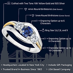 Gem Stone King 925 Sterling Silver and 10K Yellow Gold Personalized and Customized Name Engraved 3-Stone Round Gemstone Birthstone Ring For Women (Size 8)