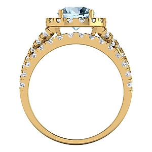 Clara Pucci 2.40ct Round Cut Laser Engraving Halo Natural Sky Blue Topaz Engagement Bridal Wedding Ring Band set 18K Yellow Gold Size 6