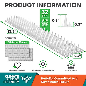 Petfolio 32 Pack Bird Deterrents for Outside Patio - 35ft Transparent Balcony Pigeon Deterrent Spikes to Keep Birds Away. Anti Bird Spikes for Pigeons and Other Small Birds, Crows, Woodpeckers & Cats