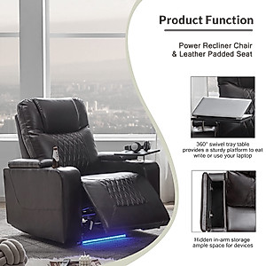Merax Lazy Boy Recliner Chair, Power Leather Single Sofa, with Cup Holders, Tray Table and Storage, Black