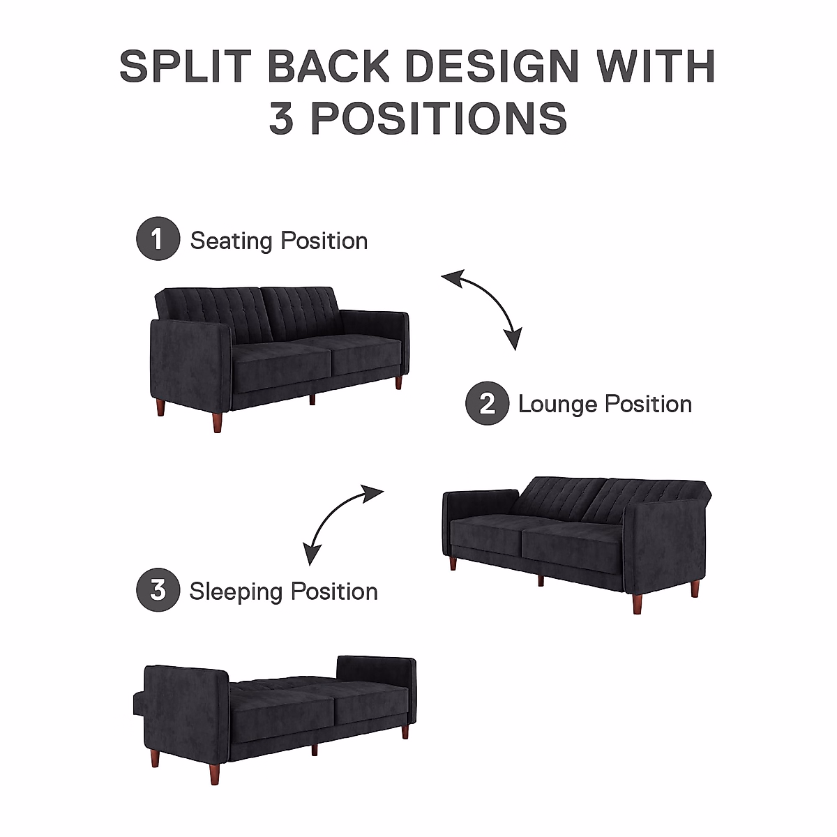 DHP Ivana 82 Inch Futon Sofa Bed in Velvet Fabric, Upholstered Couch Sleeper with Tufted Back, Mid-Century Modern, Black