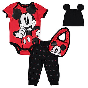 Disney Mickey Mouse Newborn Baby Boys 4 Piece Outfit Set: Bodysuit Pants Bib Hat Red/Black 3-6 Months