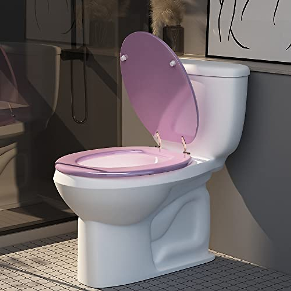 BLOFDE Round Toilet Seat Wood Toilet Seat Prevent Shifting with Zinc Alloy Hinges American Standard Size Toilet Seat Easy to Install also Easy to Clean (Round,Pink)