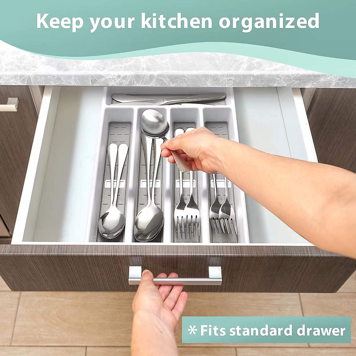 Joequality Silverware Organizer with Icons，Plastic Cutlery silverware Tray for Drawer，Utensil Flatware Tableware Organizer for Kitchen with Non-slip TPR,Fits Standard Drawer,5-Compartment，Grey