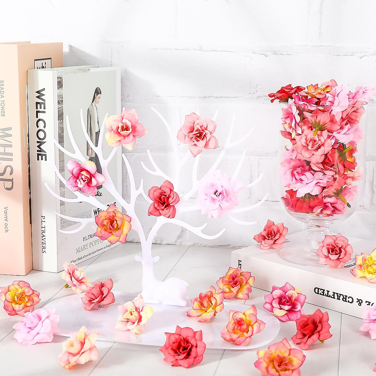 Whaline 120Pcs Faux Flowers Heads Pink Fake Silk Rose Head 1.8 Inch Mini Roses Artificial Silk Flower Head Artificial Craft Flowers Small Fabric Flowers for DIY Wreath Wedding Home Party Decor