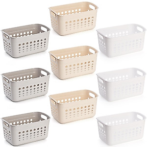 DEAYOU 9 Pack Plastic Storage Basket, Small Pantry Organizer Basket Bins, Rectangular Storage Tray Basket Container with Handle for Shelf, Household, Desktop (Beige, White, Gray)