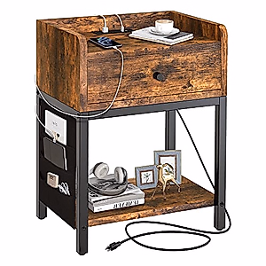 FABATO End Table with Charging Station Nightstands with Drawer and Fabric Bag Storage & USB Ports Narrow Sofa Side Table for Small Spaces with Metal Frame Living Room Bedroom, Rustic Brown