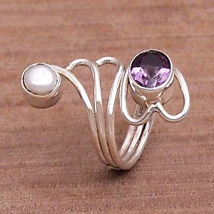 NOVICA Artisan Handmade .925 Sterling Silver Amethyst Cultured Freshwater Pearl Ring Purple White Multi Stone Wrap Birthstone 'Pure in Heart'