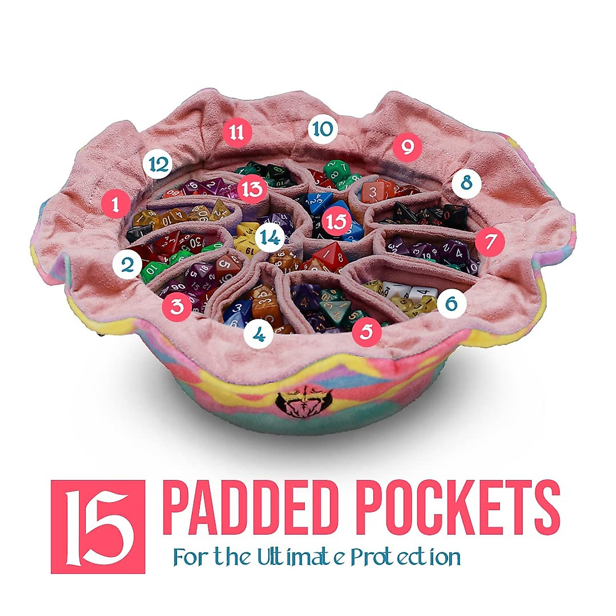 CardKingPro Immense - OCD Edition - Dice Bags with 15 Pockets - Rainbow & Pink - Capacity 200+ Dice - Great for Dice Hoarders [Patented Design]