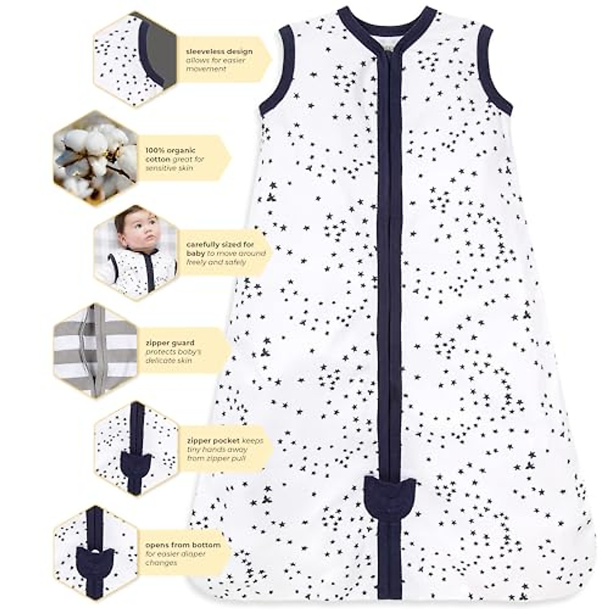 Burt's Bees Baby Baby Beekeeper Wearable Blanket, 100% Organic Cotton, Swaddle Transition Sleeping Bag, A Midnight Twinkle, Medium