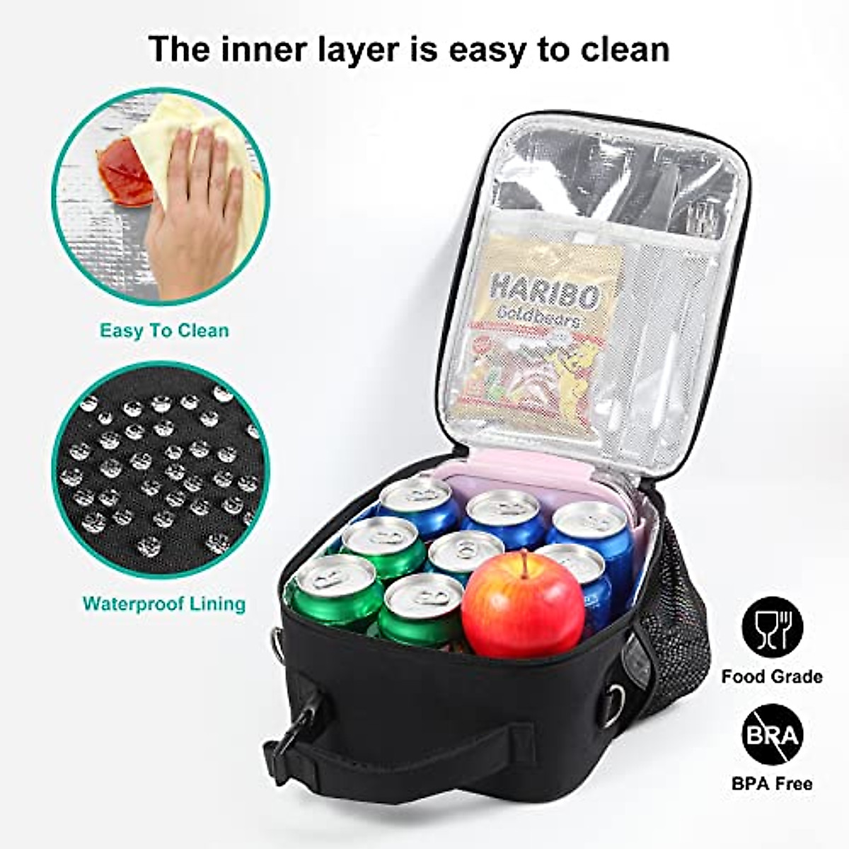 Tactical Small Lunch Box for Women Men, Insulated Lunch Bag for Adults, With Shoulder Strap Reusable Portable Lunch Tote for Work Office,Black