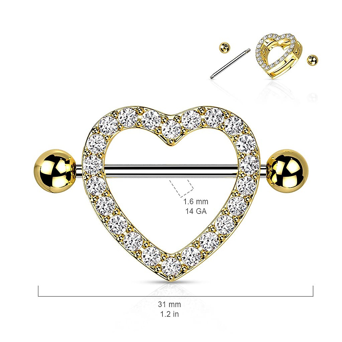 Pierced Owl 14GA Stainless Steel Gem Paved Heart Nipple Shields, Sold as a Pair (Pink)