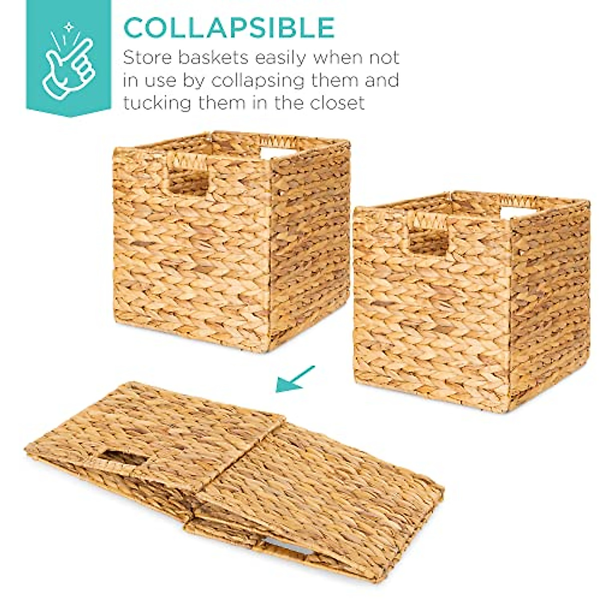 Best Choice Products 12x12in Hyacinth Baskets, Rustic Set Of 5 Multipurpose Collapsible Storage Organizer, Handwoven Laundry Totes for Bedroom, Living Room, Bathroom, Shelves w/Inserts - Natural