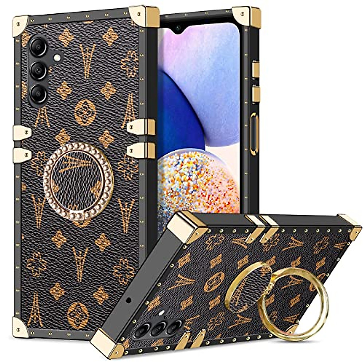 WOLLONY for Samsung Galaxy A14 5G Luxury Leather Case with Ring Stand Metal Edge Drop Protection Classic Square Case Soft TPU Slim Retro Cover for Women Girls Designed for Galaxy A14 5G Brown