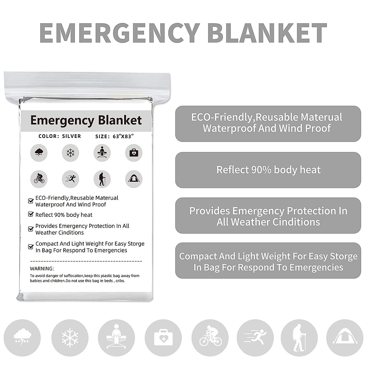 Colstaror Oversized Survival Blankets for First Aid Kit Outdoor Gear Emergency Trauma Bag for Camping Hunting Hiking Home Car Earthquake Adventures(Silver, 8)