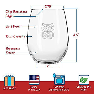 Cute Owl Wine Glass Set of 4 | Stemless Wine Glasses with 4 Unique Loveable Owls | 15 oz. Owl Decor Glasses | Makes Fun Owl for Women | Great Owl Kitchen Decor or New Home Gift Ideas | USA Made