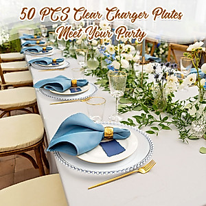 50 Pieces Clear Charger Plates Bulk 13 Inch Plastic Round Dinner Plate with Beaded Rim Acrylic Embossed Dinner Chargers Decorative Plates for Home Kitchen Party Wedding Events Dinner Tabletop Decor