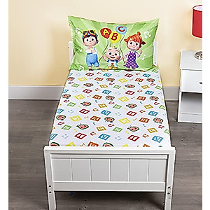 CoComelon Sheet Set - Fits Toddler Bed or Crib Mattress - Fitted Sheet and Pillow Case, White + Green