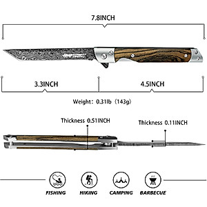 ohmonlyhoo Folding Knife, 3.5 inch Pocket Knife for Men with Wooden Handle,Tanto Knife with Stainless Steel Blade, for Men and Women