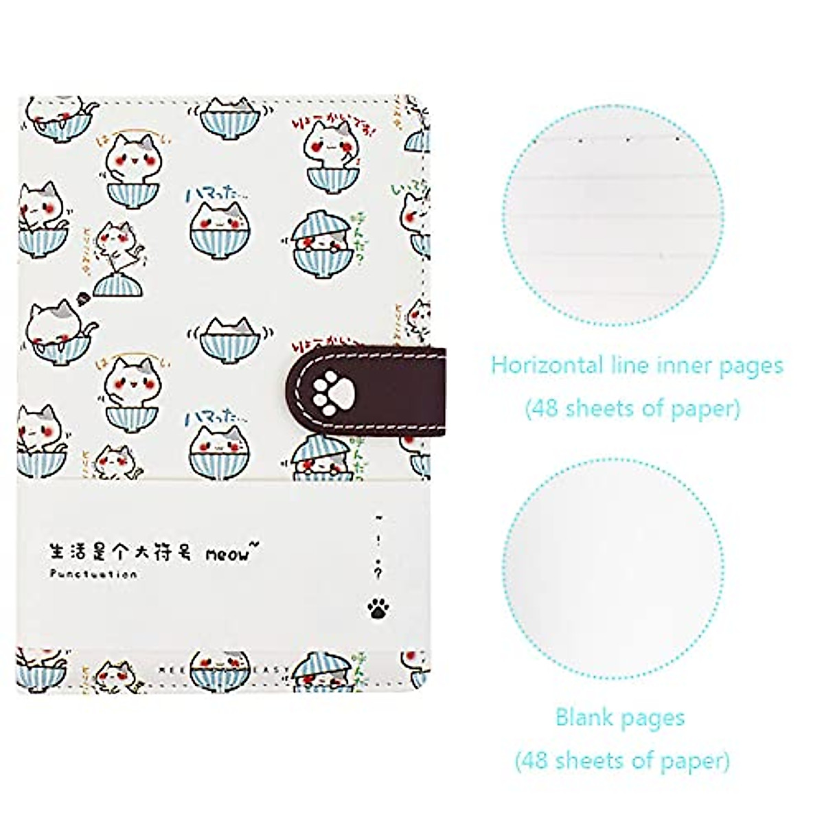 Cute Cat Notebook Japanese Sketchbook PU Leather Cover Diary Travel Notebook(04714white)