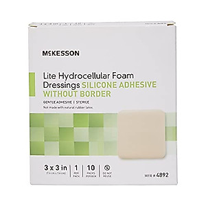 McKesson Lite Hydrocellular Foam Dressings, Sterile, Silicone Adhesive Without Border, 3 in x 3 in, 10 Count, 1 Pack