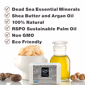 One With Nature Dead Sea Mineral Salt Soap 4oz 3Pk, with Argan Oil & Shea Butter. Dead Sea Salt Contains Magnesium, Sulfur & 21 Essential Minerals. Helps skin conditions, 100% Natural, Fragrance Free