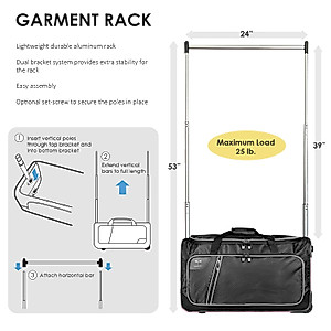 Travolution Dance Bag with Garment Rack, 24 Inch Rolling Duffel With Wheels, Ideal for Competitions & Travel, Easy-assembly Lightweight Aluminum Clothes Rack, Wheeled Upright Luggage, Black/Gray