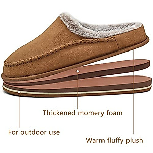 KuaiLu Mens Memory Foam Clog Slippers Comfy Handmade Stitch Microsuede Slip-on House Shoes With Arch Support Warm Faux Fur Lined Rubber Sole Indoor Outdoor Khaki Size 8.5