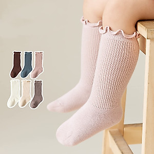 FYLuoke Baby Knee High Stockings Socks Girls Newborn Infants Long Socks Boys Toddlers Ruffled Socks(Knee-High 6 Pairs,1-3T)