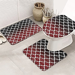 Bathroom Rugs, Memory Foam Bath Mat Bathroom Set, Gradient Red Black Moroccan Pattern Bath Rugs Bathroom Accessories, Home Decor Non-Slip Absorbent Soft Bath Mats for Bathroom, Tub, 3 Pieces