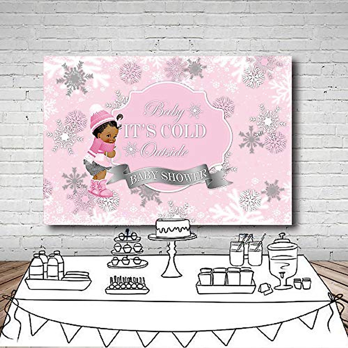 MEHOFOTO Winter Wonderland Girl Baby Shower Photography Studio Background Party Decor Silver Snowflake Pink Little Princess Baby It's Cold Outside Banner Photo Backdrop Banner 7x5ft